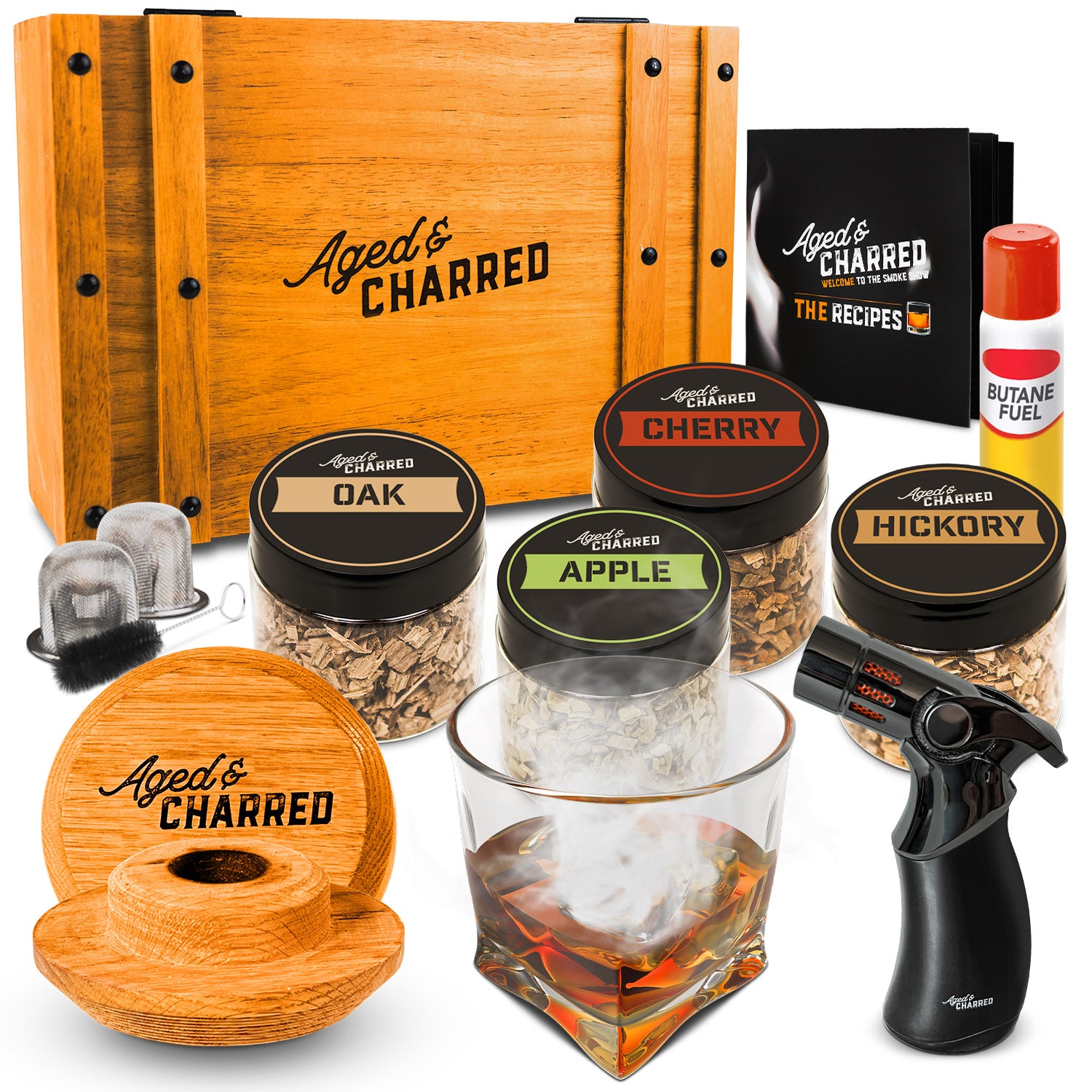 Smoke Lid Premium Kit - Cocktail Smoker Top In Wooden Box - Aged & Charred